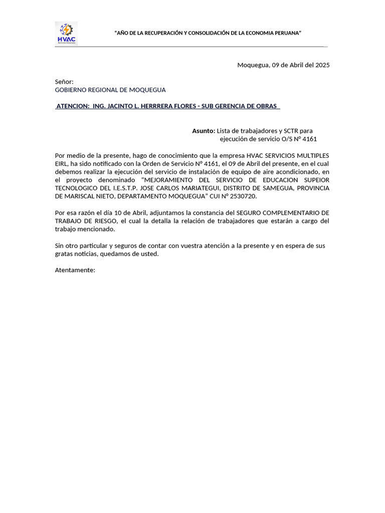 Carta para Envio de SCTR | PDF