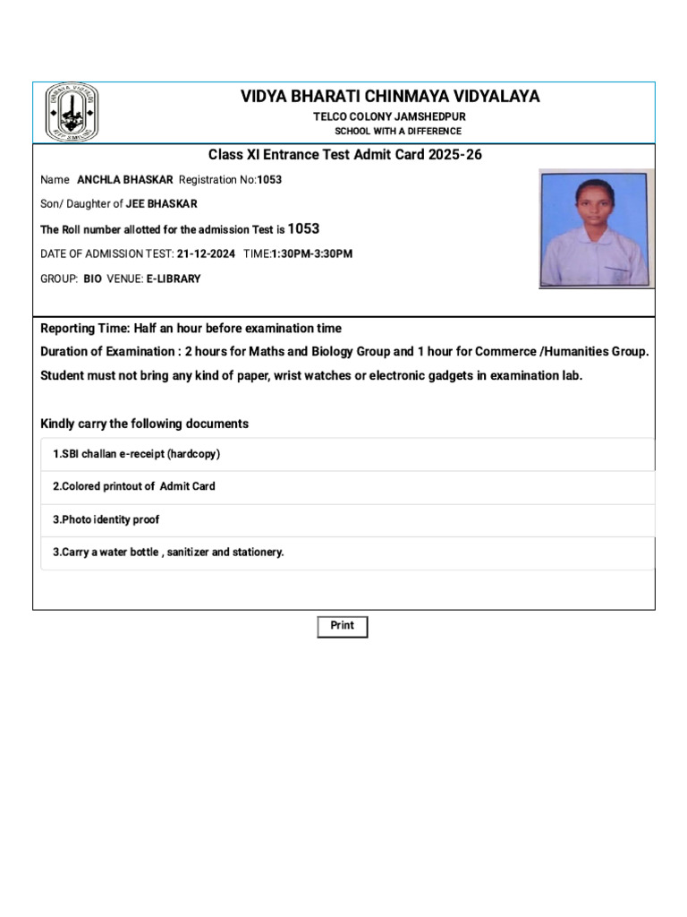 VBCVJSR - in Admitcard PDF | PDF