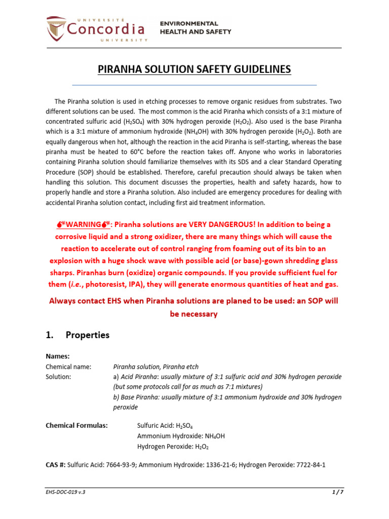Piranha Solution Safety Guidelines | PDF | Hydrogen Peroxide | Sulfuric ...