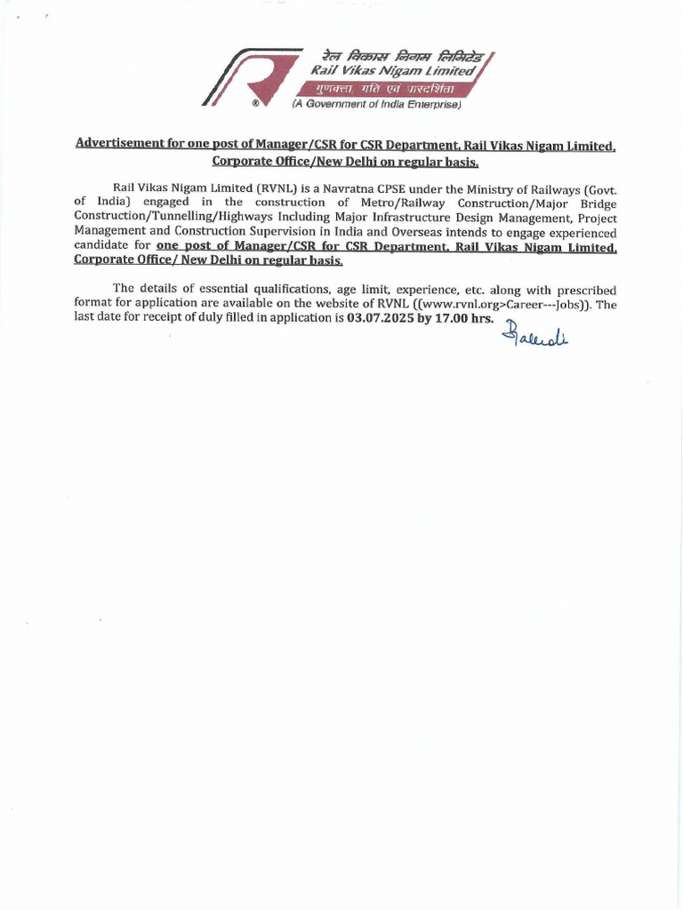 Advt 09 2025 For MGR CSR For Co New Delhi | PDF