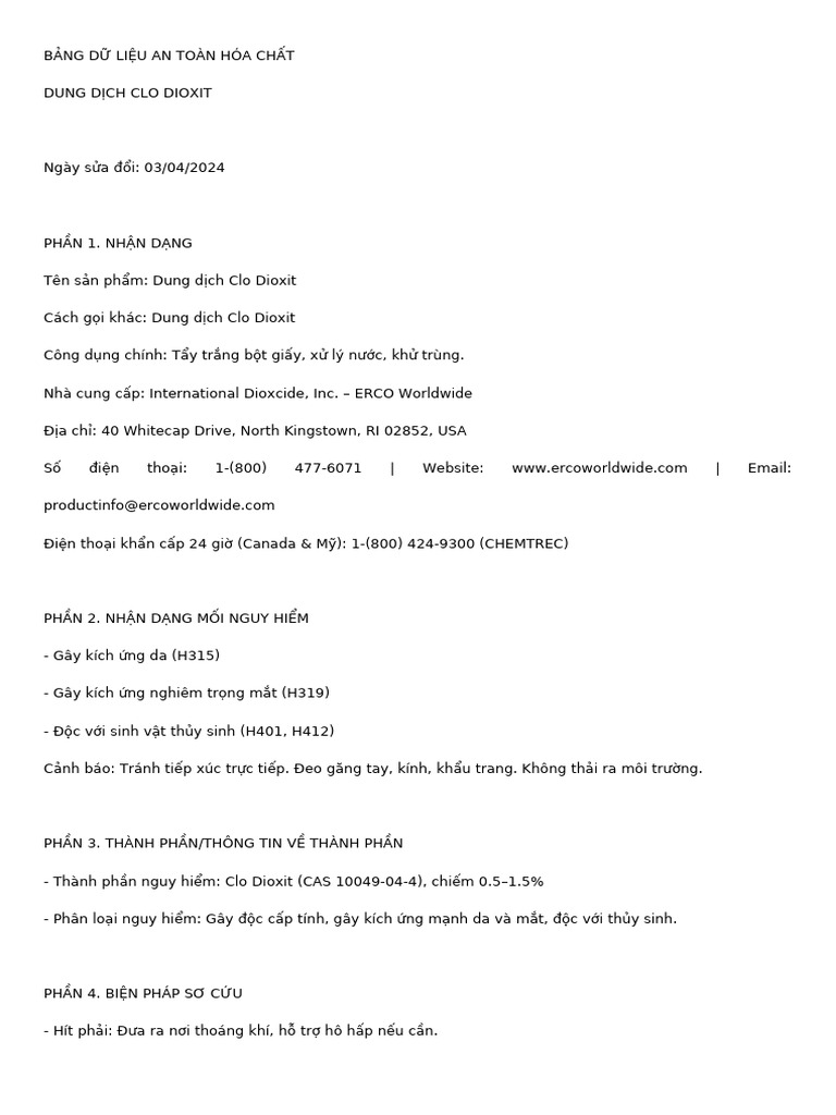 Bang Dich Day Du SDS ClO2 2024 | PDF