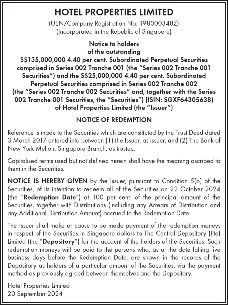 HPL Notice of Early Redemption SPS | PDF