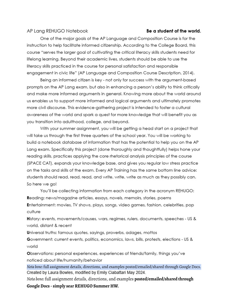 25-26 AP Lang Summer HW: REHUGO Notebook Project | PDF | Proverb | Books