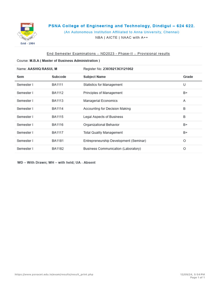 1st Sem Result | PDF