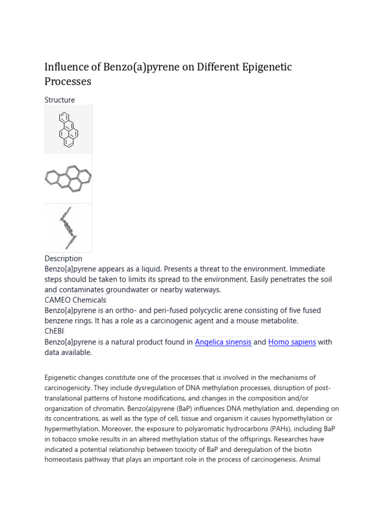 Influence of Benzo (A) Pyrene On Different Epigenetic Processes | PDF ...