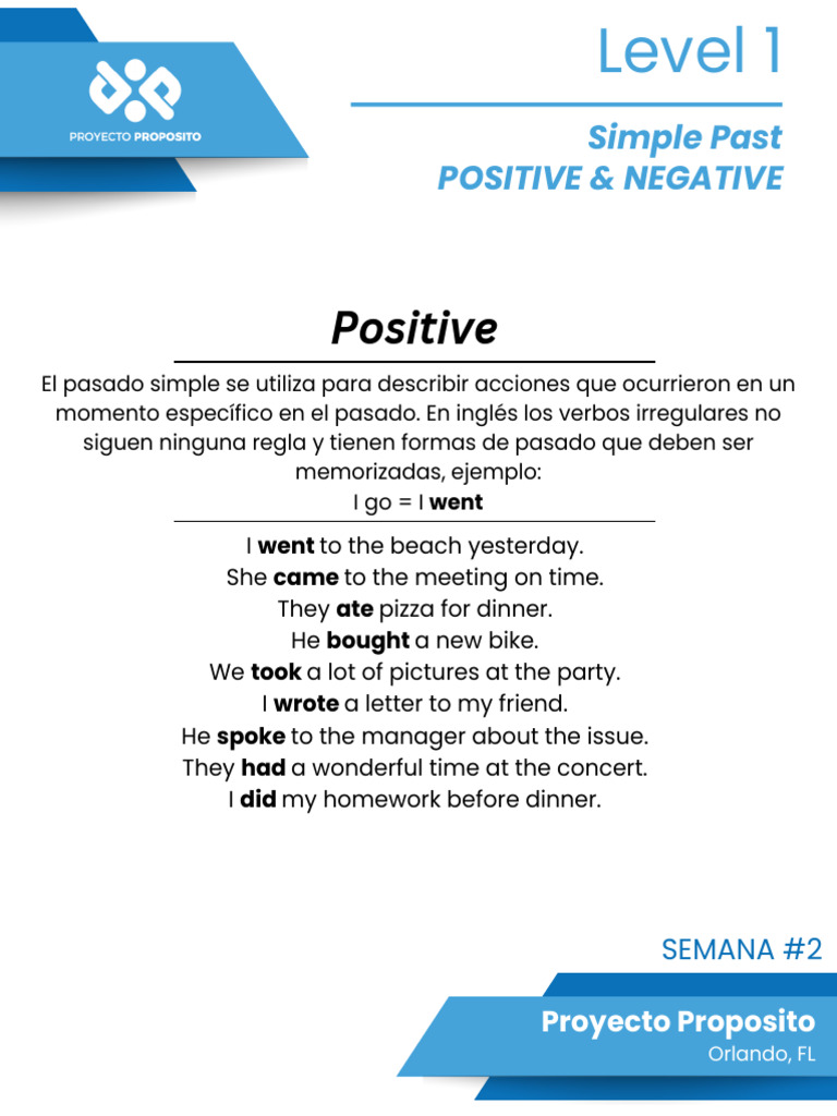 Level 1 Simple Past IRREGULAR VERBS (Positive, Negative) #2 | PDF ...