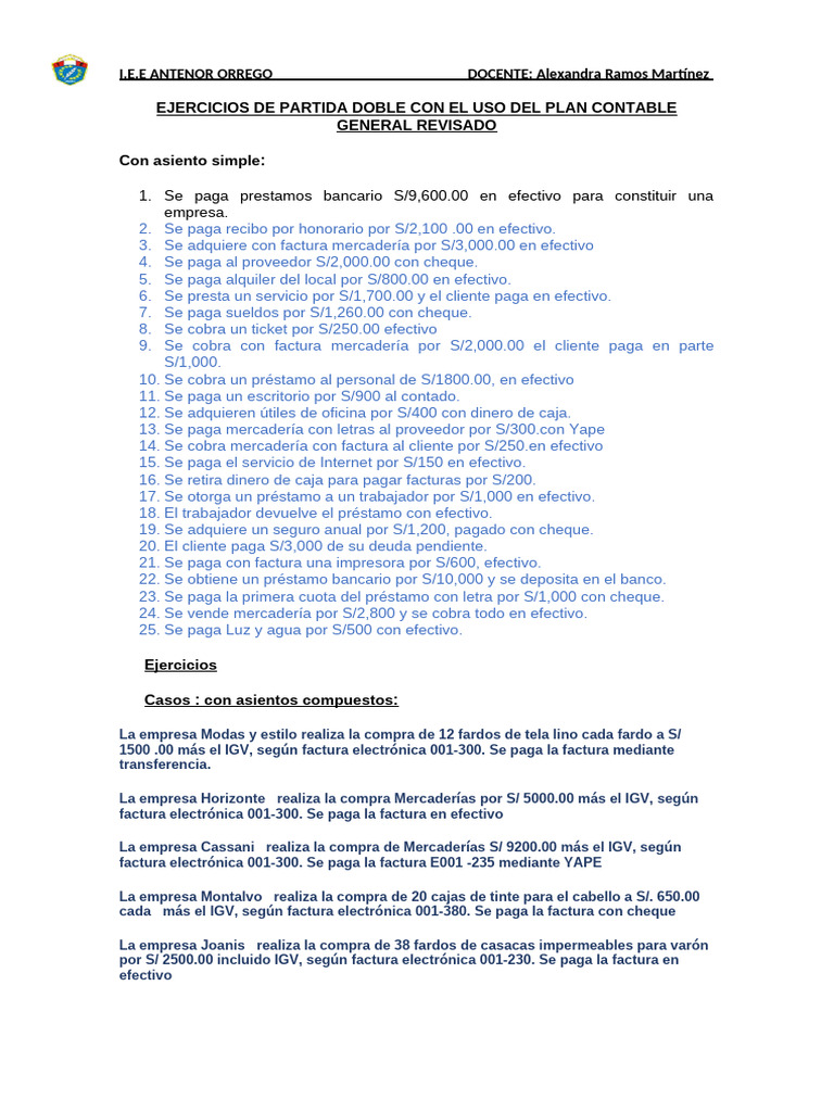 Ejercicios de Partida Doble Con El Uso Del Plan Contable General ...