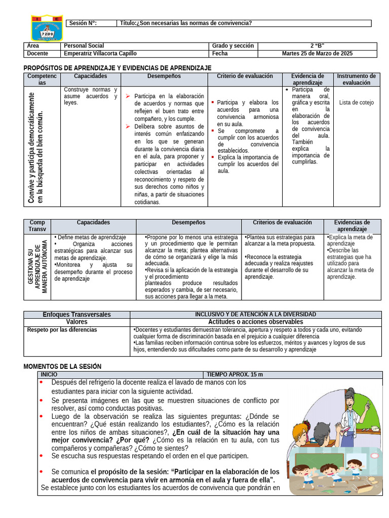 Esión de Pesonal Las Normas de Convivencia 2do | PDF | Salón de clases ...