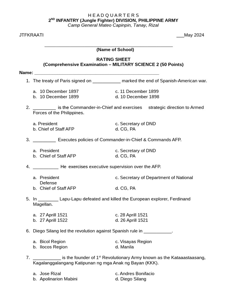Military Science 2 Exam Rating Sheet | PDF | Regiment | United States ...