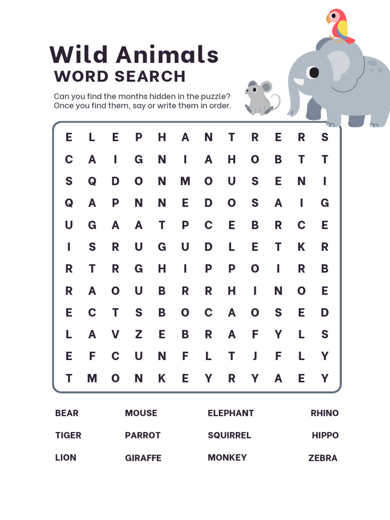 Wild Animals Word Search Worksheet in Colorful Simple Style | PDF