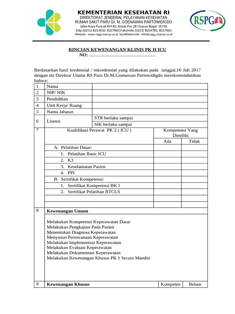 Rincian Kewenangan Klinis PK 2 Icu | PDF