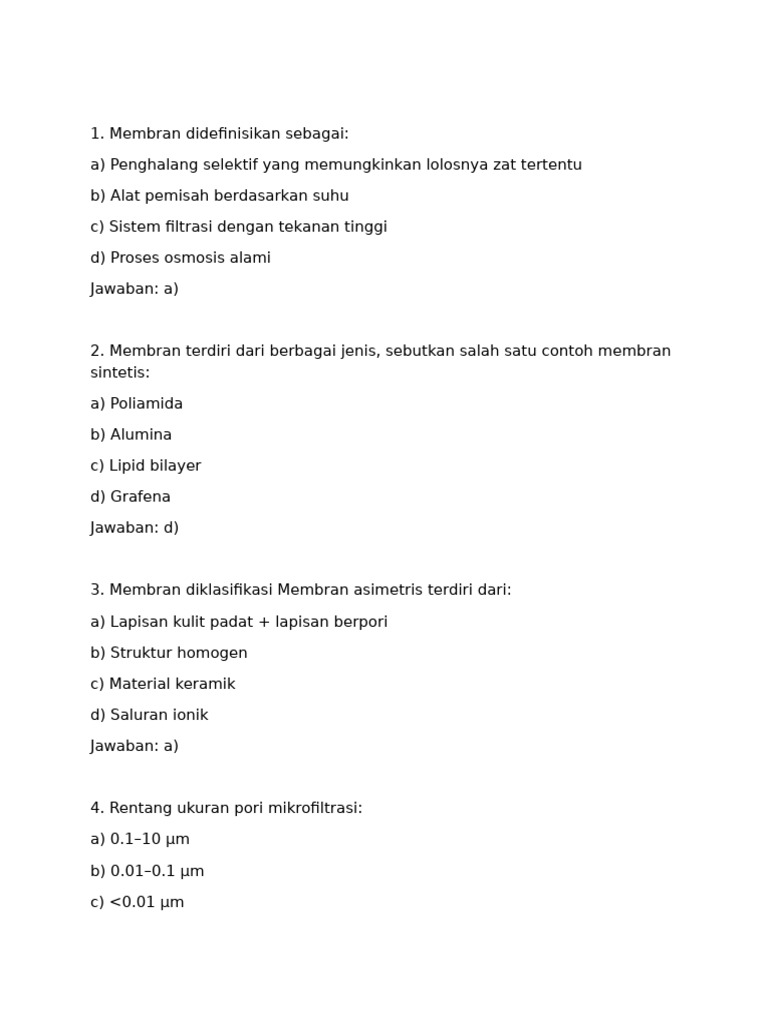 Soal UAS DDPK Filtrasi+Membrane Multiple Choice | PDF