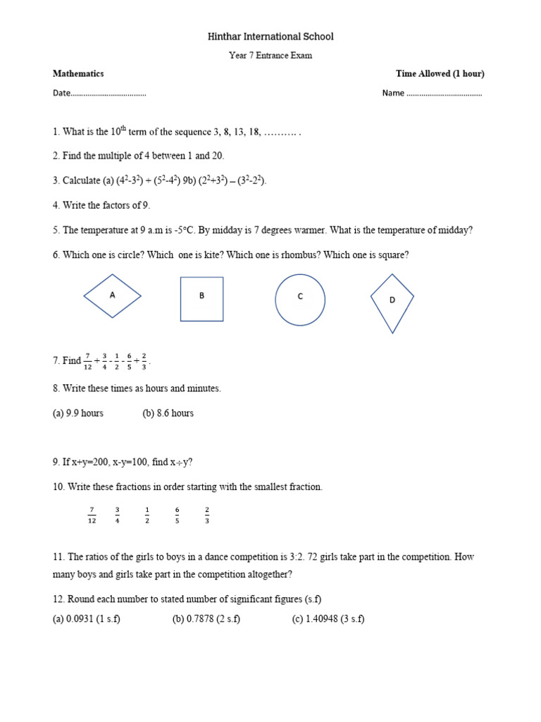 Year 7 Math Entrance Question - Update | PDF