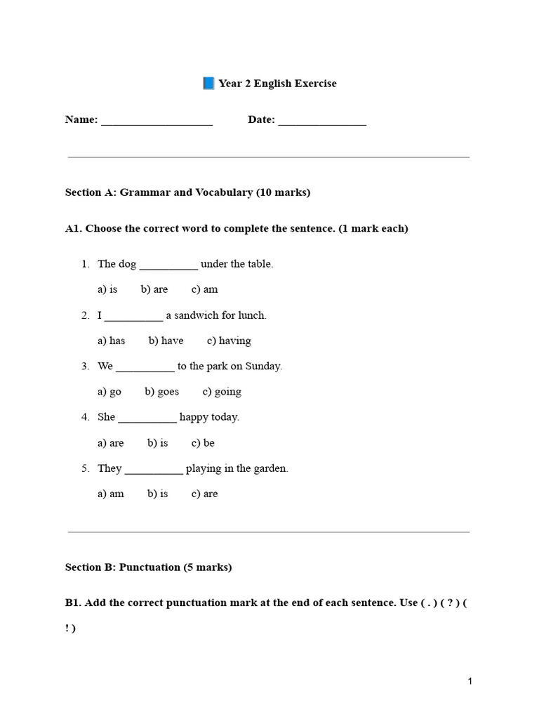 Year 2 English Grammar and Vocabulary Exercise | PDF