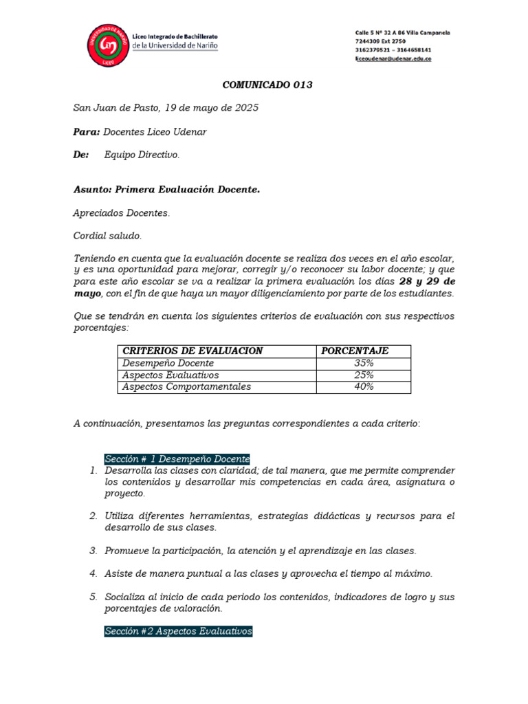 Comunicado 013 Evaluacion Docente | PDF | Evaluación | Maestros