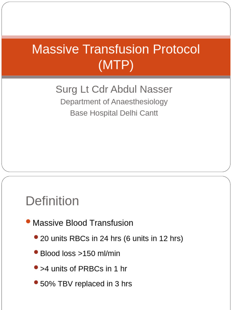 Massive Transfusion Protocol Overview | PDF | Blood Transfusion | Histology