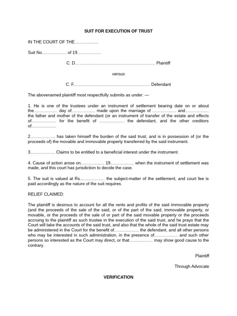 Suit For Execution of Trust | PDF | Lawsuit | Civil Law (Legal System)