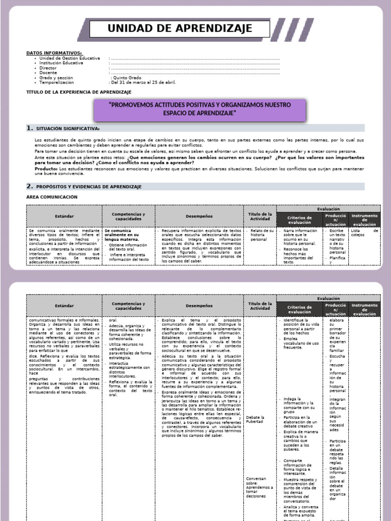Unidad de Aprendizaje 01 (5º Prim) | PDF | Evaluación | División (Matemáticas)