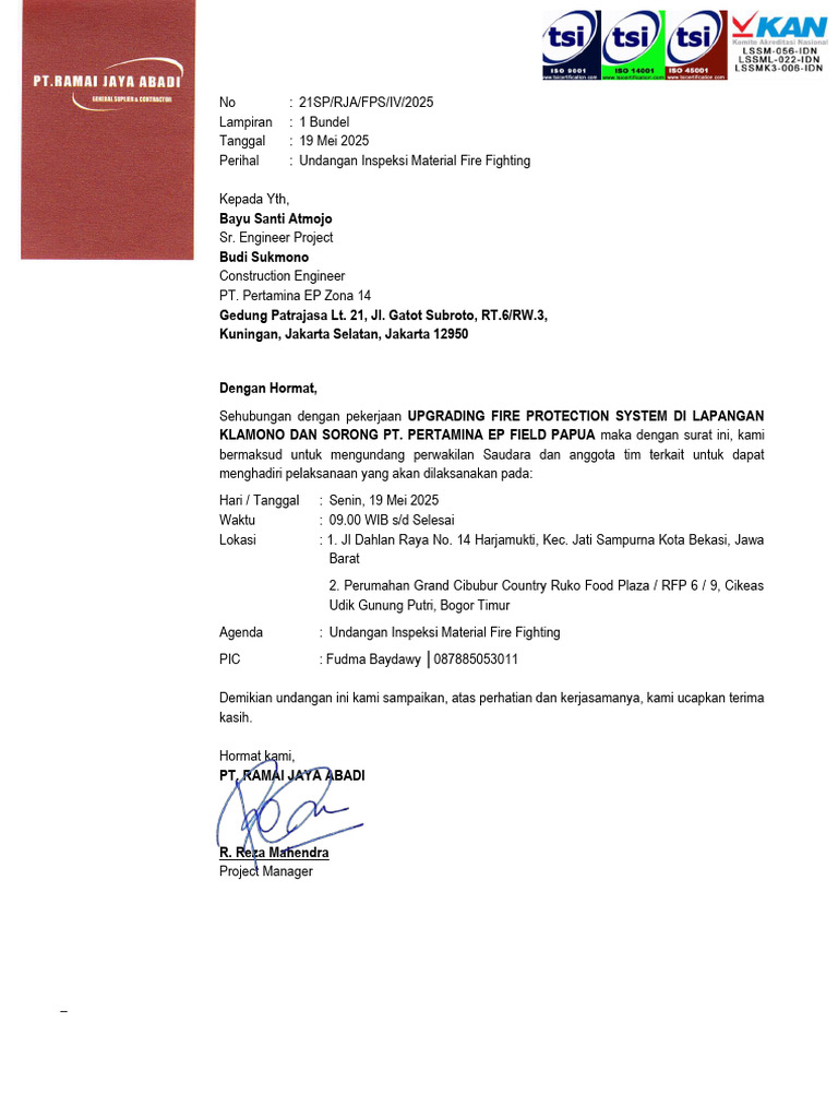 Surat Undangan Inspeksi Material Project Klamono | PDF