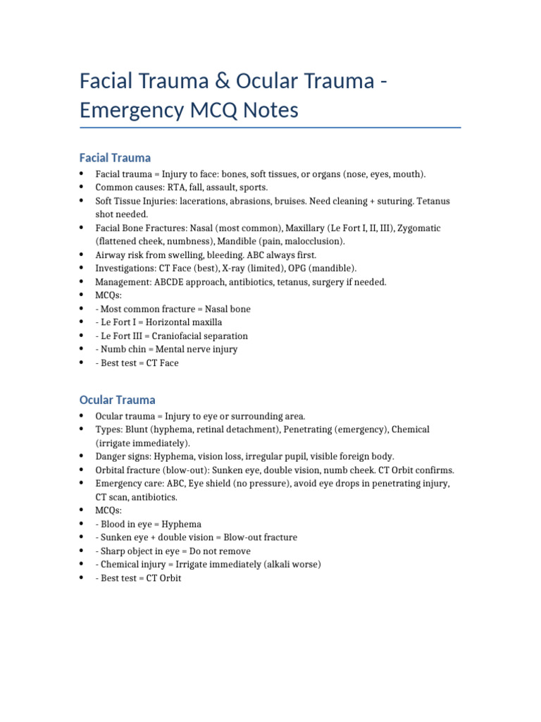 Facial and Ocular Trauma MCQ Notes | PDF