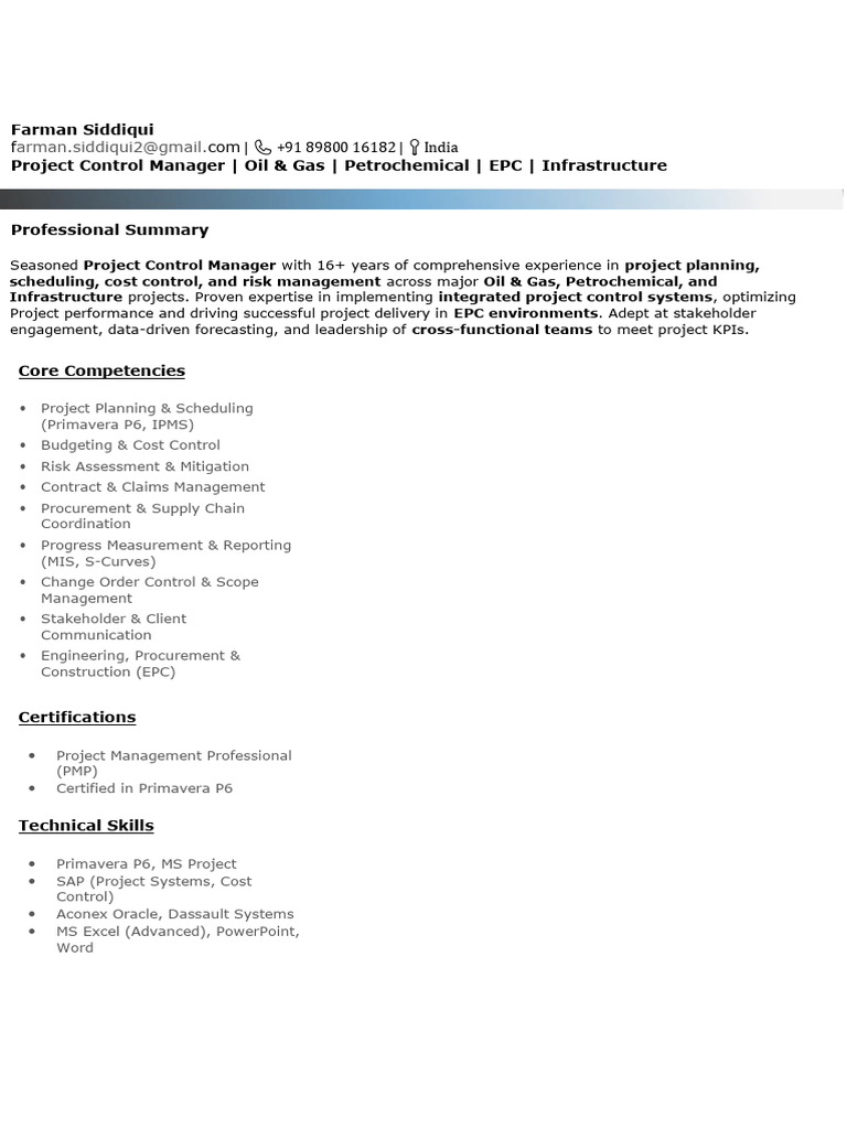 Resume - Project Control Manager - Farman Siddiqui | PDF | Performance Indicator | Project ...