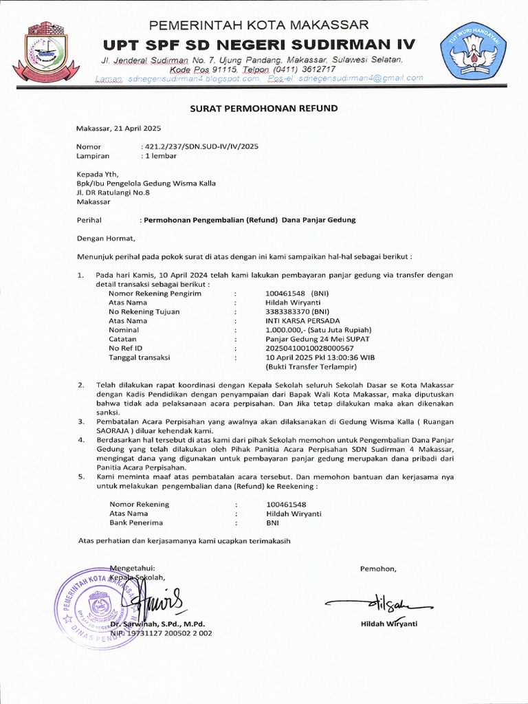Surat Permohonan Refund SDN Sudirman IV | PDF