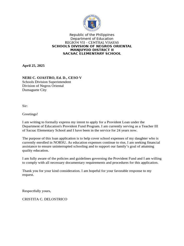 Letter of Intent For Provident Loan - Cristita | PDF