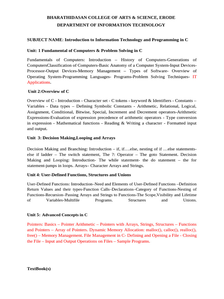 C Syllabus | PDF | Pl/Sql | Pointer (Computer Programming)