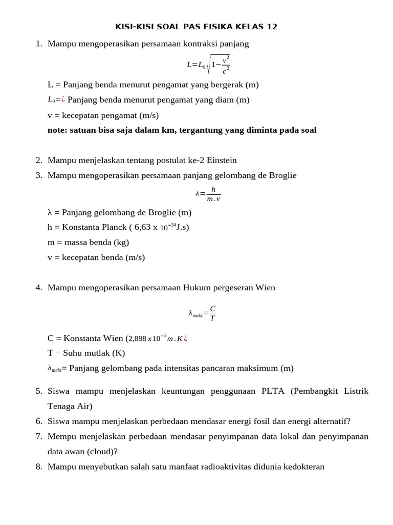 Kisi Kisi Soal Pas Fisika Kelas 12 2025 | PDF