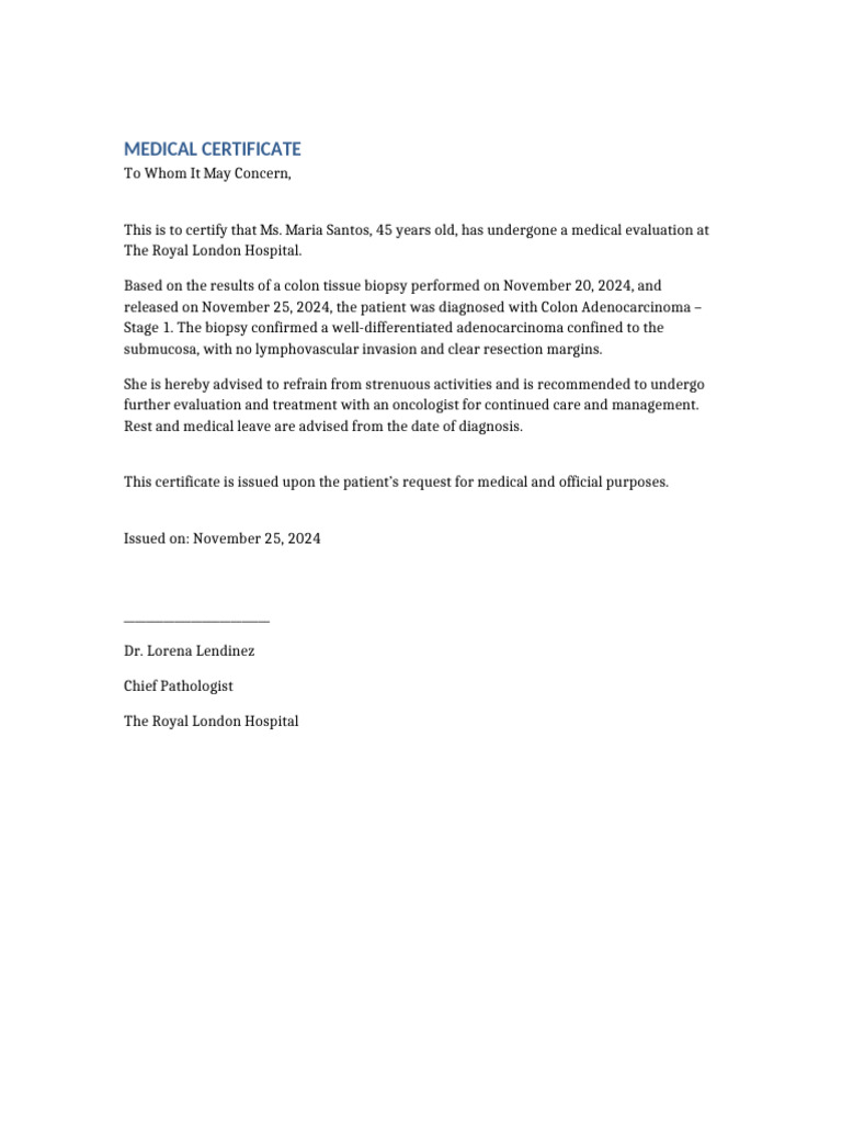 Medical Certificate Colon Cancer | PDF