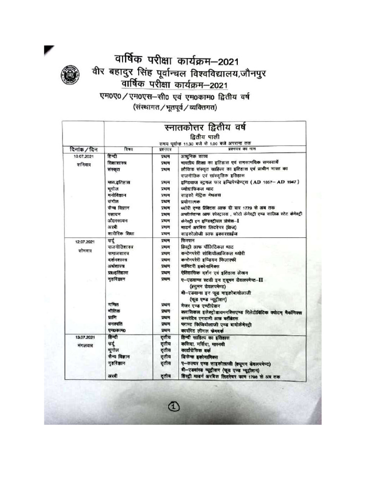 Vbspu PG Time Table 2021 | PDF