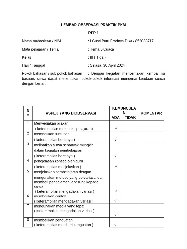 Lembar Observasi Keadaan Cuaca | PDF