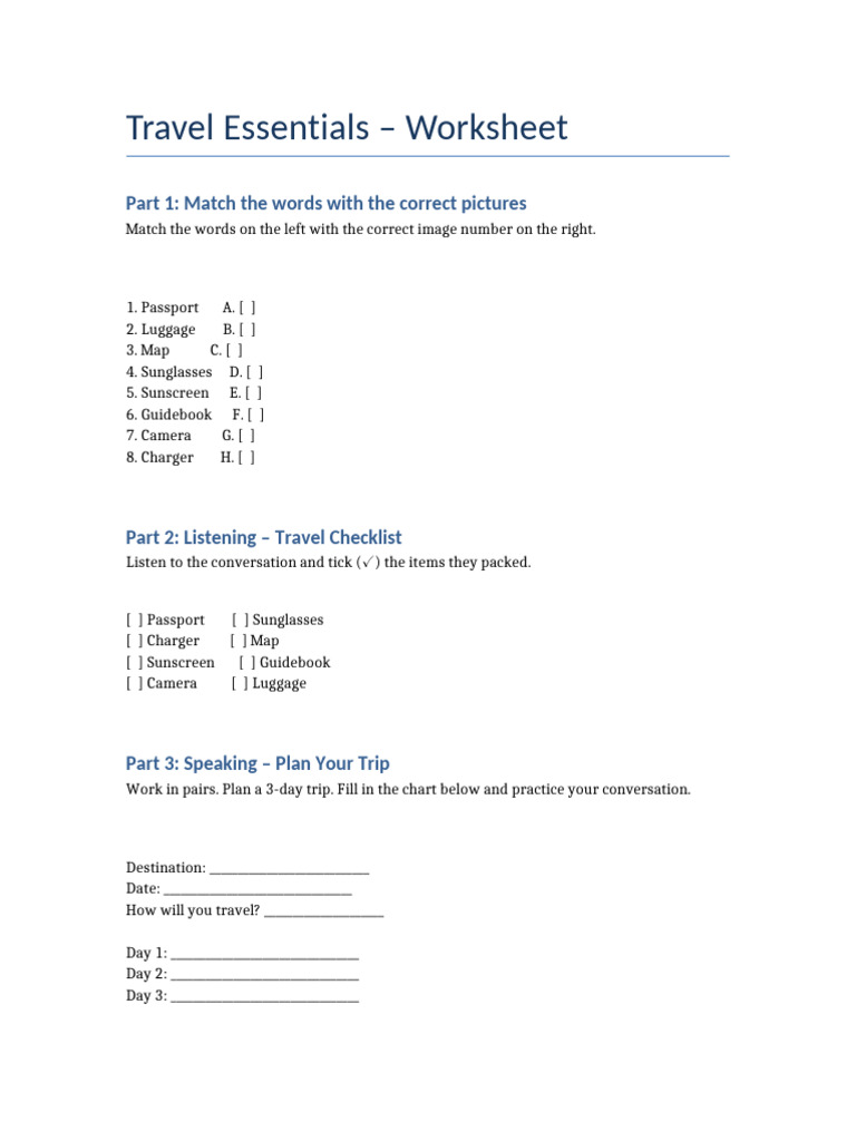Travel Essentials Worksheet Guide | PDF