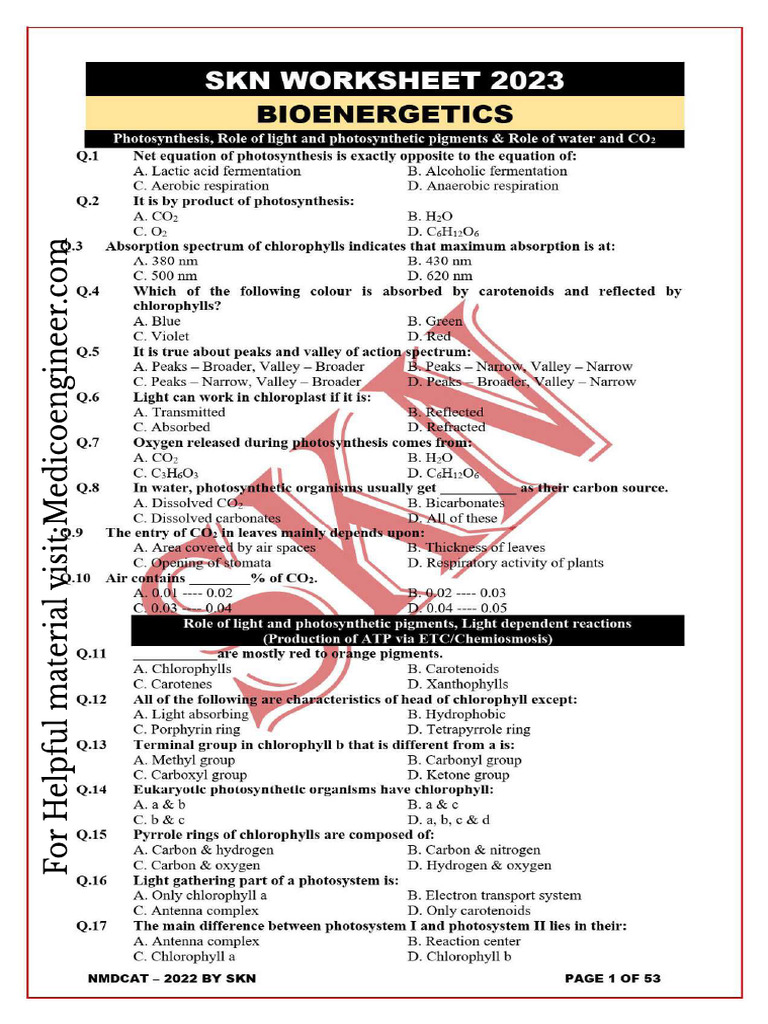 BIOENERGETICS Most Important MCQS For NUMS and MDCAT and Other Compatative Exams | PDF