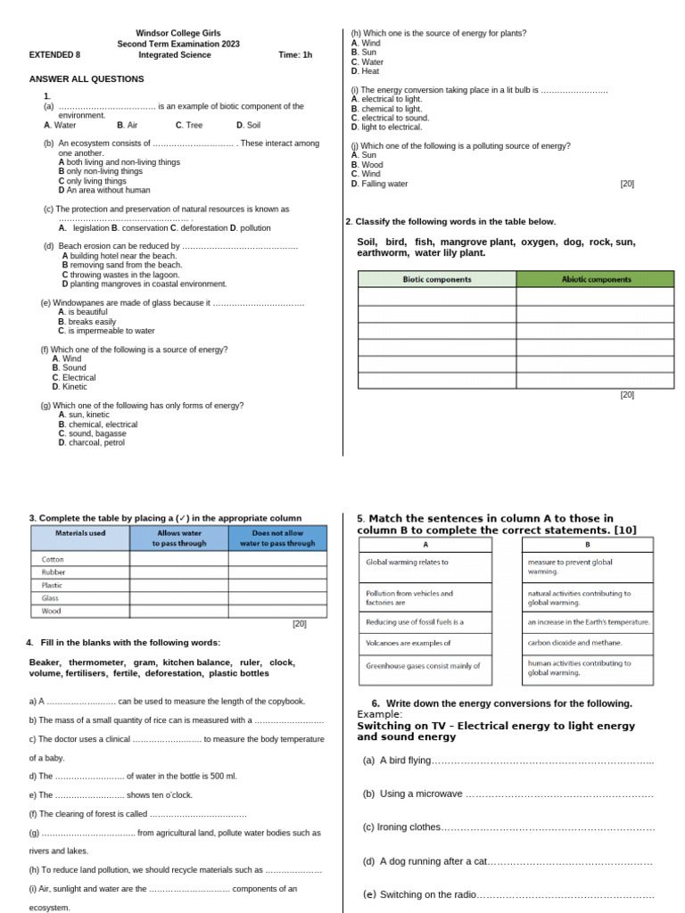 Ex 8-Science-2nd Exam 2023 Printed 15x2 30 | PDF | Beach | Ecosystem