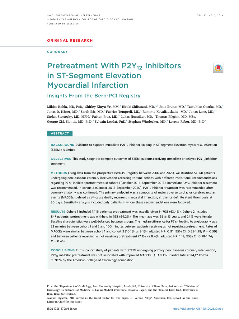 Rohla Et Al Pretreatment With P2y12 Inhibitors in ST Segment Elevation ...