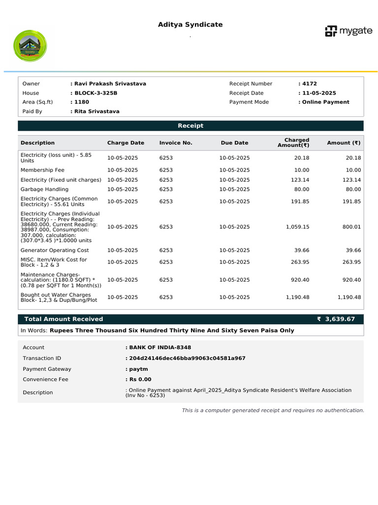 Receipt BLOCK 3 325B Apr 25 | PDF | Rupee | Receipt