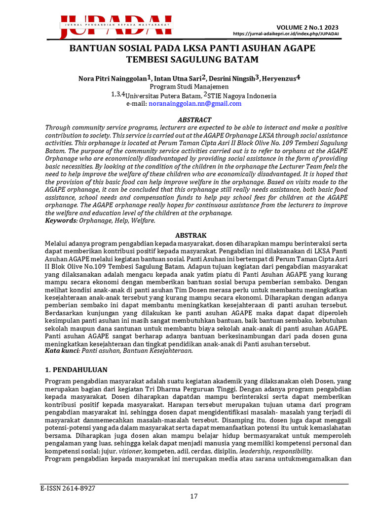 Jurnal - Bantuan Sosial Pada Lksa Panti Asuhan Agape | PDF