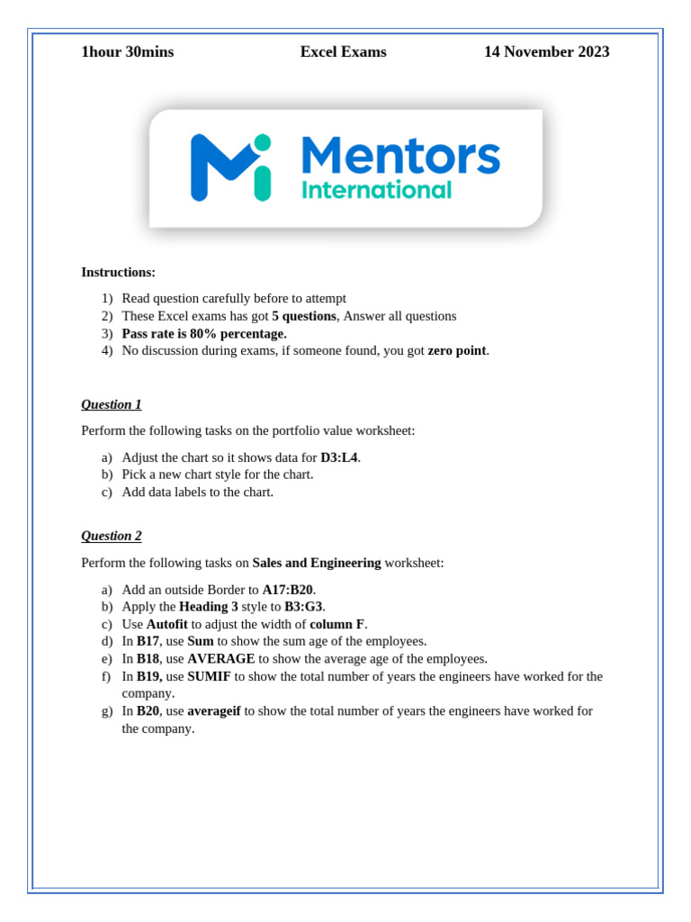 Excel Exam Instructions and Tasks | PDF
