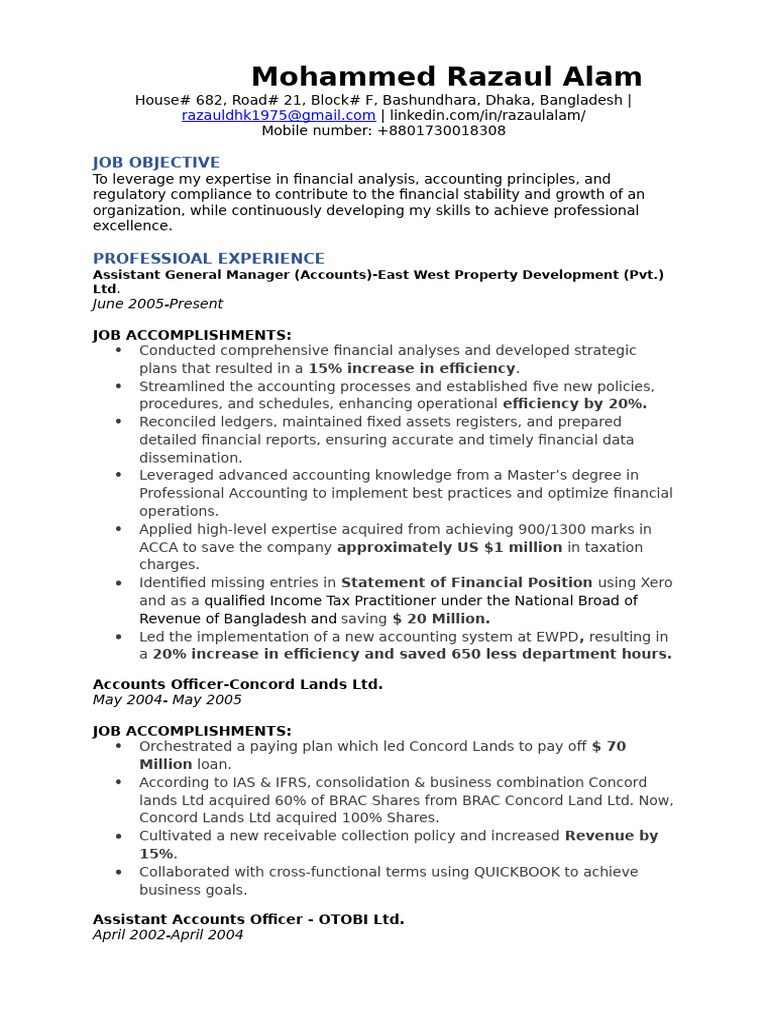 Resume of Mohammed Razaul Alam-Abroad | PDF | Accounting | Taxes