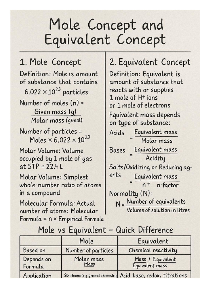 Mole and Equivalent Concept Summary | PDF