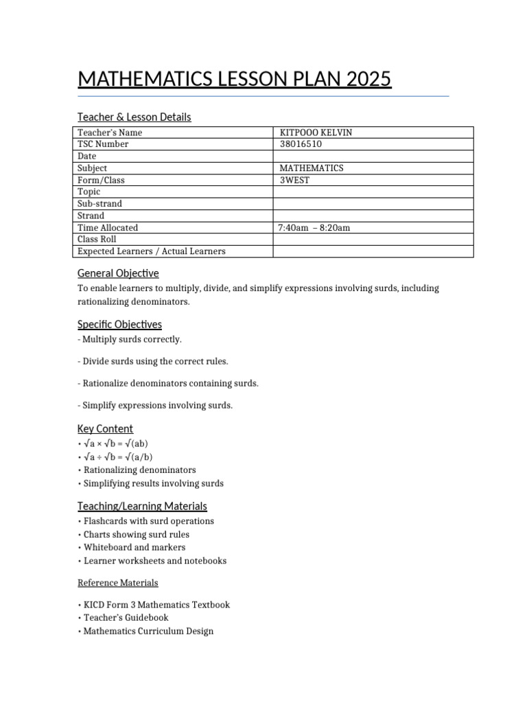 Form 3 Surds Lesson Plan | PDF | Multiplication | Lesson Plan