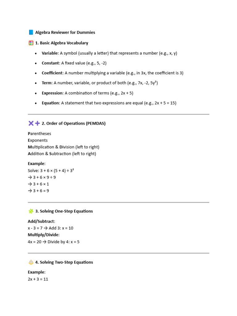 ? Algebra Reviewer For Dummies | PDF