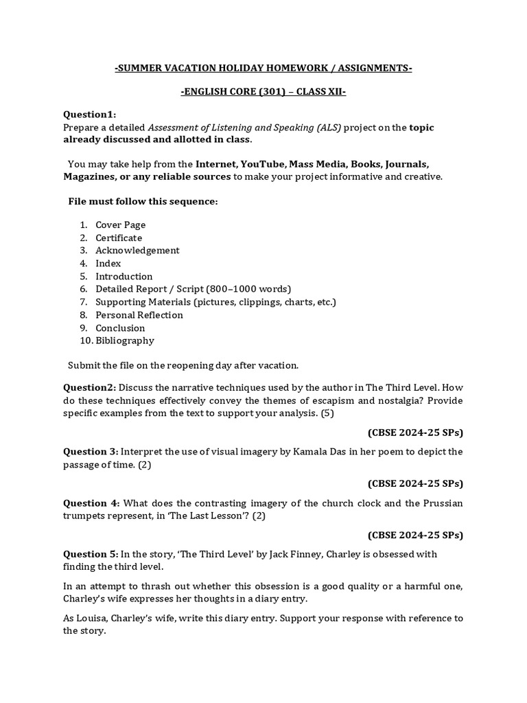 Holiday HW Class 12 English | PDF