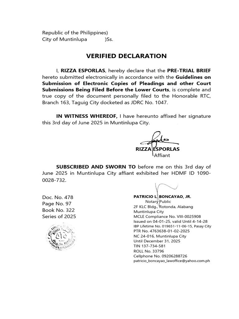 Verified Declaration-Pre Trial Brief - Petition For Declaration of Nullity of Marriage - JDRC ...