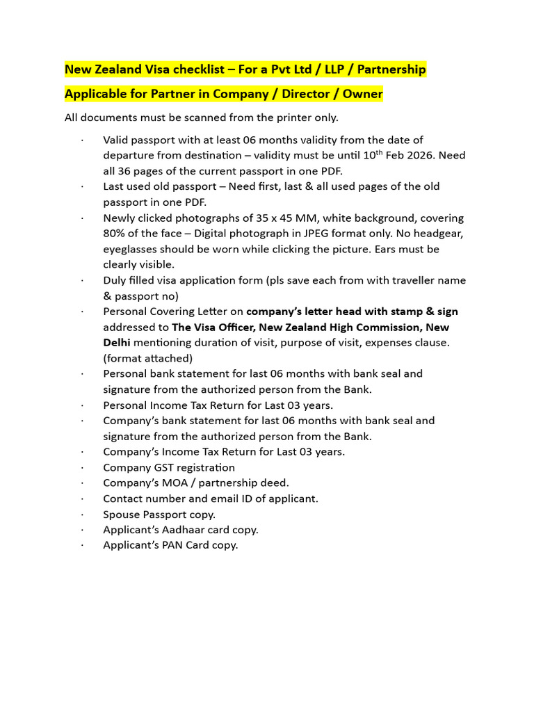 NZ Visa Checklist - For Company PVT LTD & Family | PDF | Passport ...