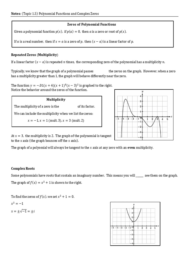 Notes Key Topic 1.5 Polynomial Functions and Complex Zeros AP PC Day 1 ...
