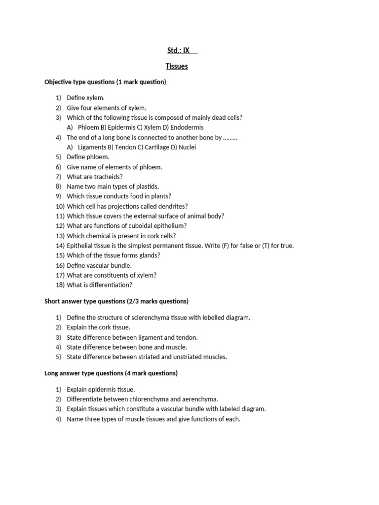 Tissue Worksheet | PDF