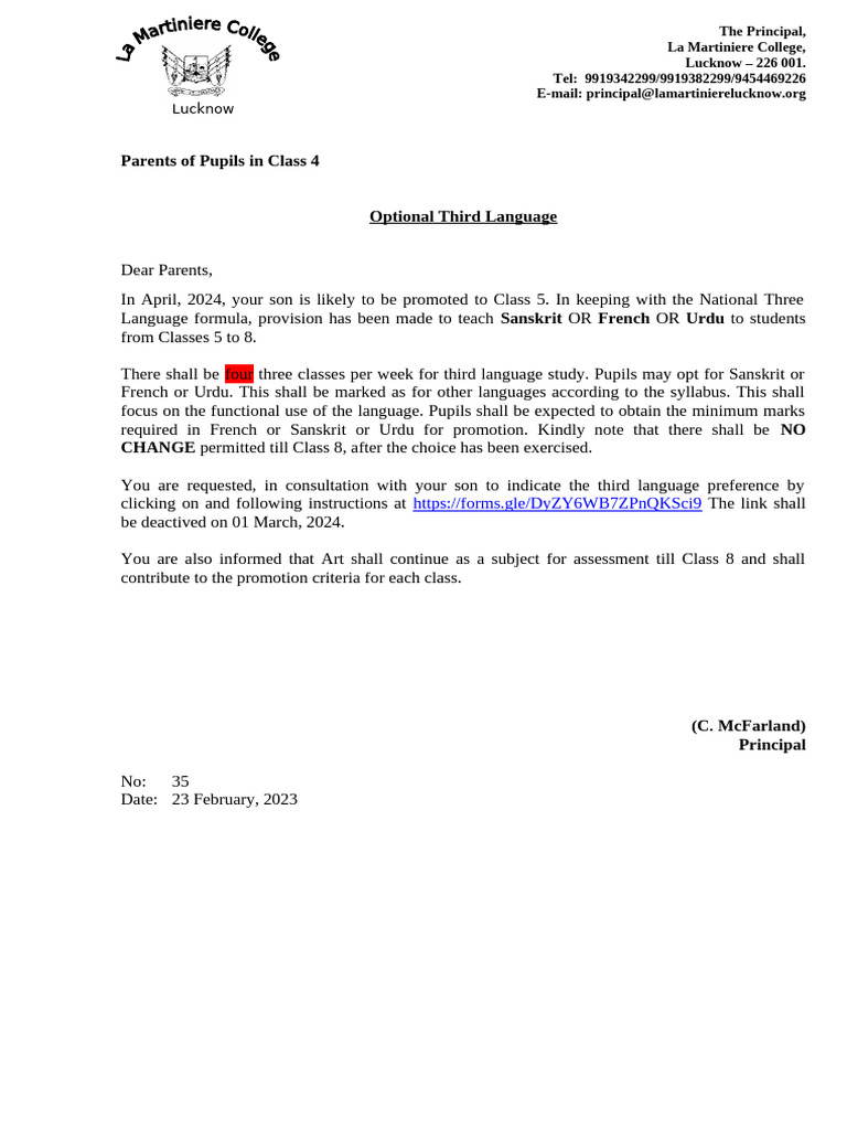 Notice For Parents of Pupils of Class 4 Regarding Optional Third ...
