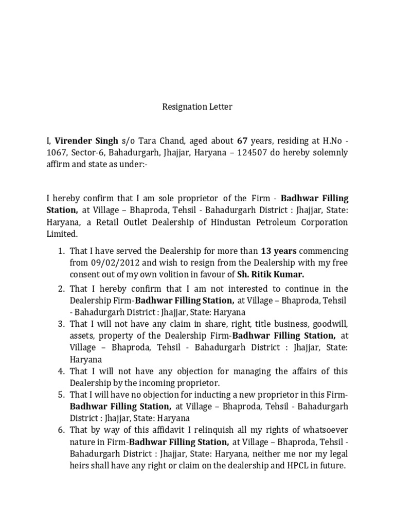 Resignation from Badhwar Filling Station | PDF